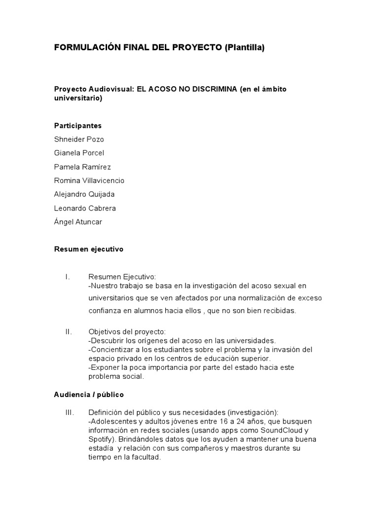 Formulación Final Proyecto El Acoso No Discrimina Pdf Acoso