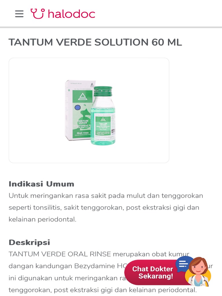 TANTUM VERDE SOLUTION 60 ML - Kegunaan, Efek Samping, Dosis Dan Aturan Pakai - Halodoc | PDF