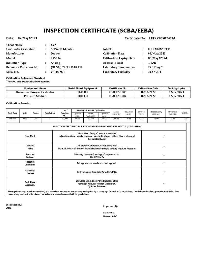 Scba-Sample Cert | PDF | Calibration | Manufactured Goods