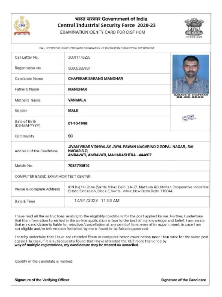 CISF Hall Ticket Sarang | PDF