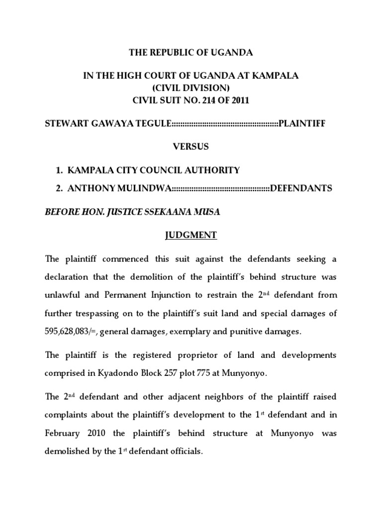 Judgment Stewart Gawaya Tegule V Kcca & Mulindwa | Download Free PDF ...