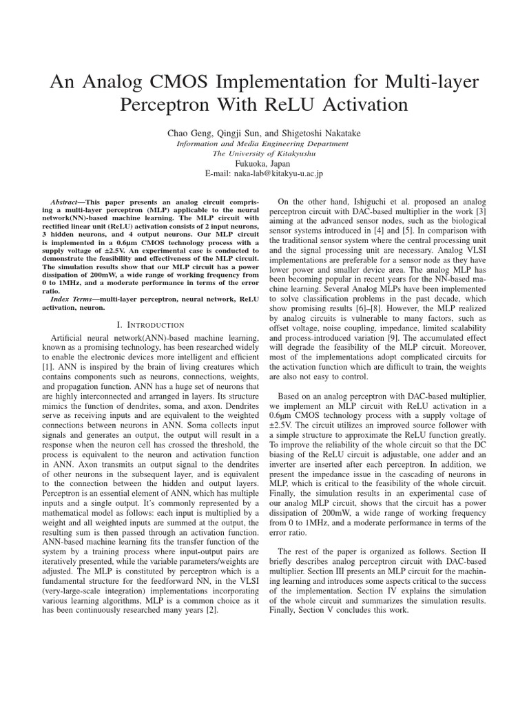 An Analog CMOS Implementation For Multi-Layer Perceptron With ReLU ... An Analog CMOS Implementation For Multi-Layer Perceptron With ReLU ...
