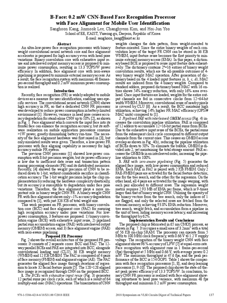 0.2 MW CNN-Based Face Recognition Processor With Face Alignment For ...