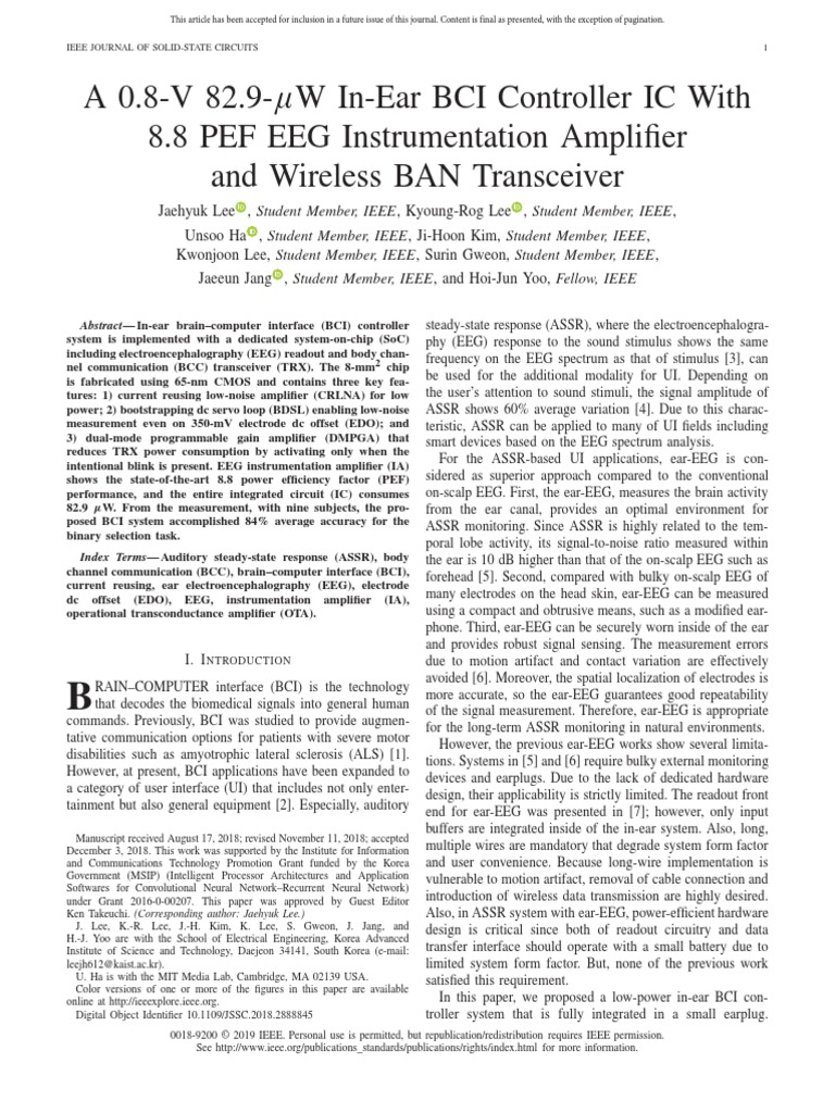A 0.8-V 82.9-μW In-Ear BCI Controller IC With 8.8 PEF EEG Instrumentation Amplifier and Wireless ...