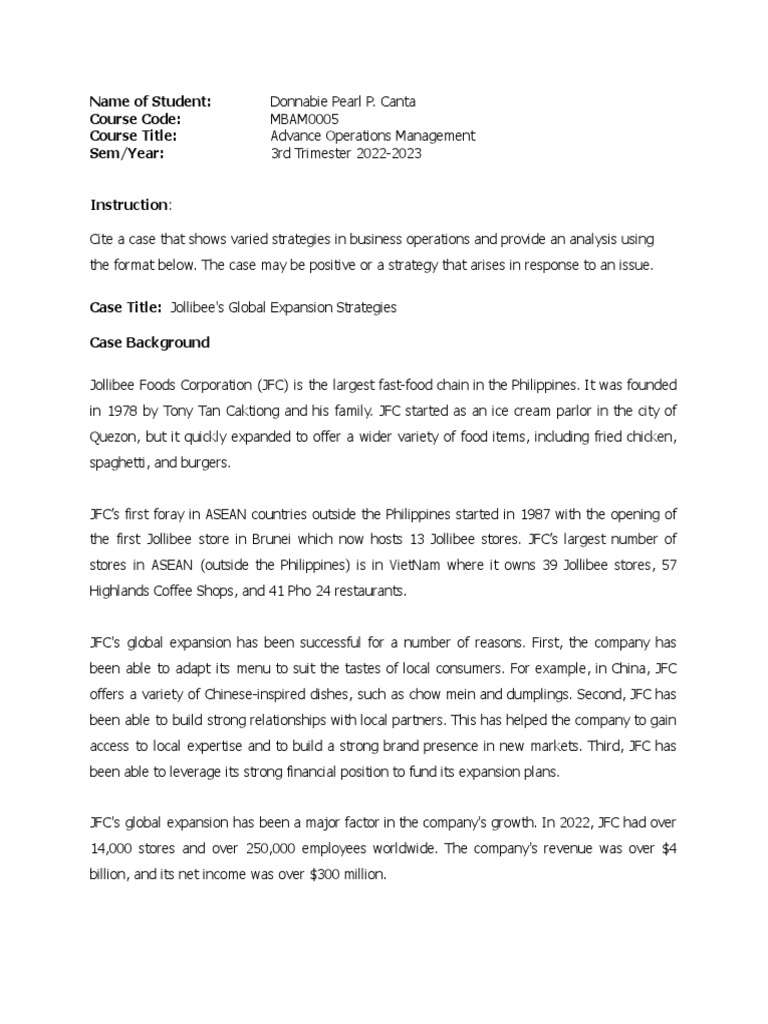 Case Presentation and Analysis - Operations Jollibee | PDF | Business ...