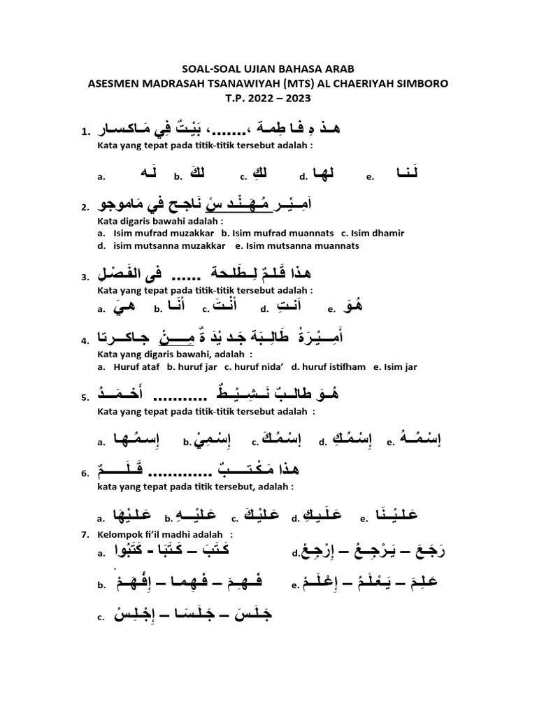 Soal Bahasa Arab MTS 2023 | PDF