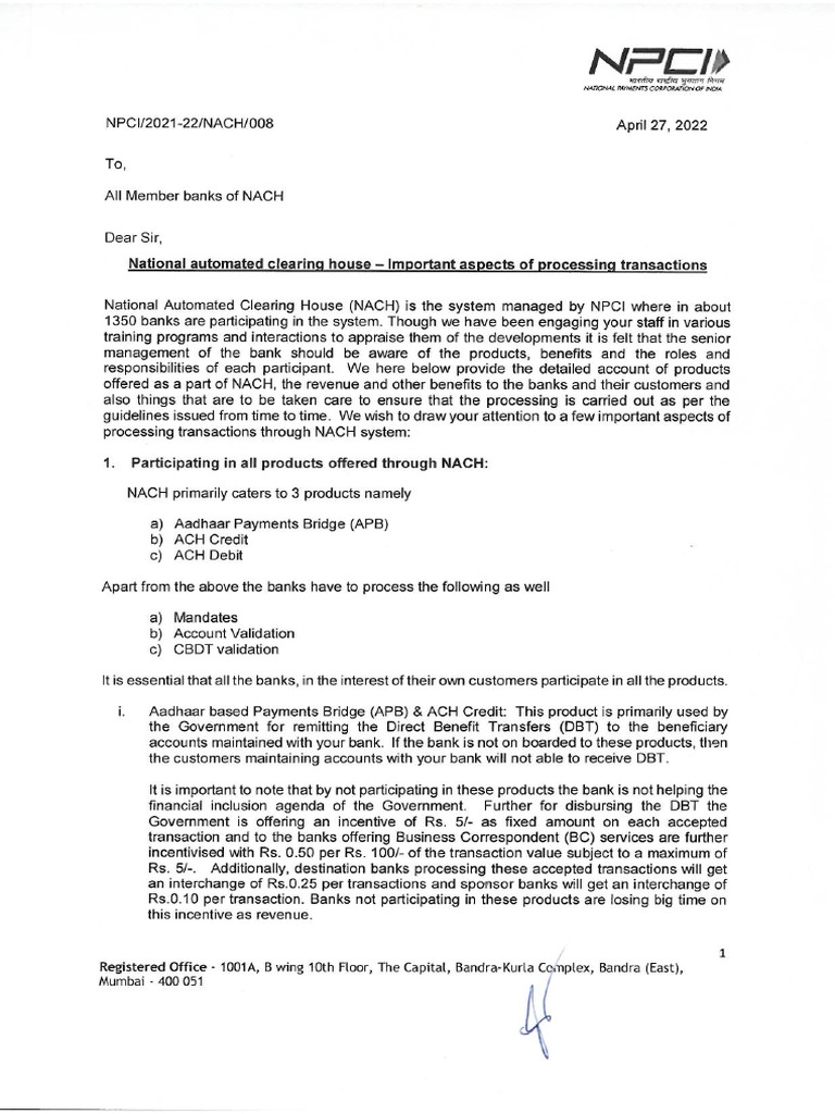 Circular No.008 NACH Automated Clearing House - Important Aspects of ...