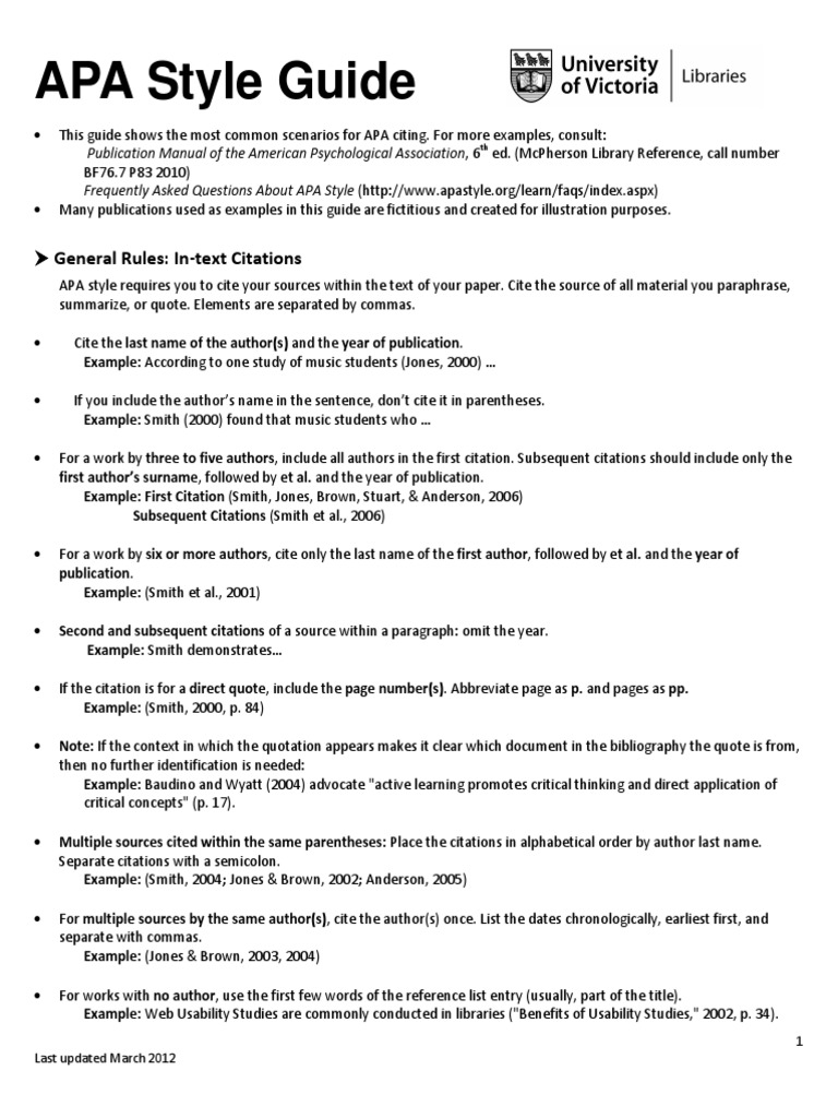 APAStyle QuickGuide Update March2012 | PDF | Apa Style | Citation