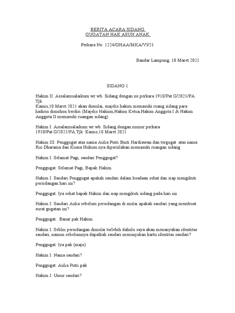 Sidang Hak Asuh Anak Aulia vs Rio | PDF