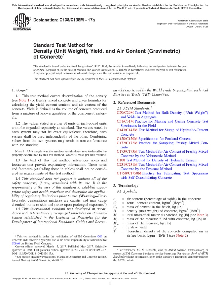 ASTM C138 - C138M - 17a | PDF | Concrete | Density