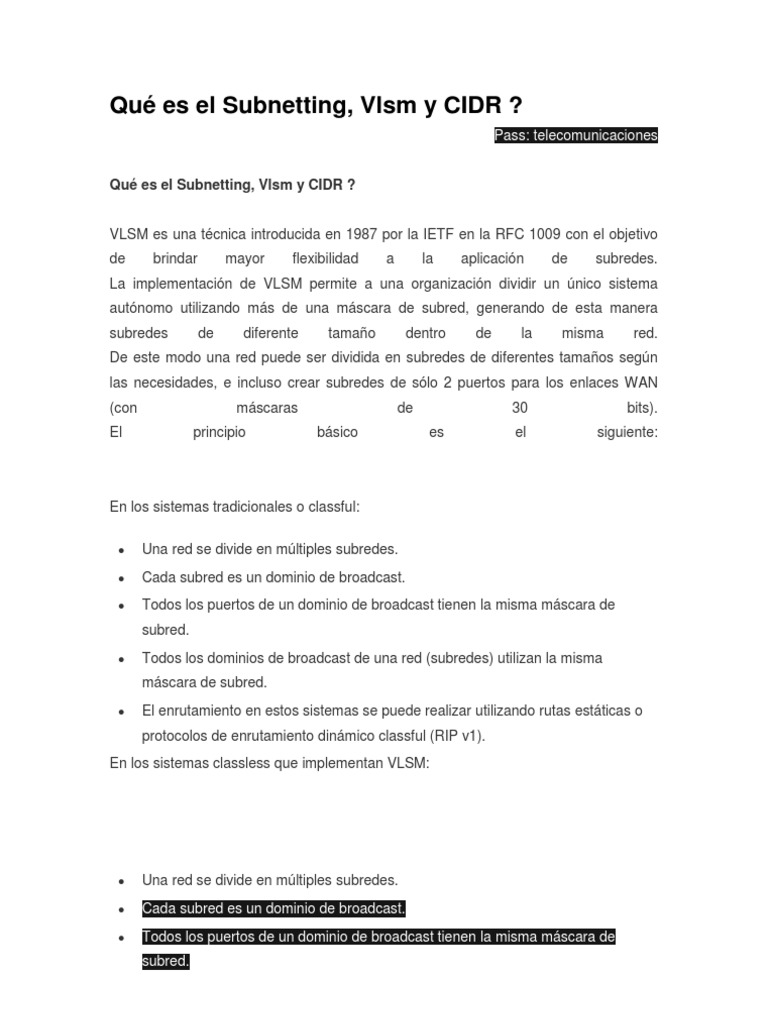 Qué Es El Subnetting, VLSM y CIDR | PDF | Dirección IP | Enrutamiento