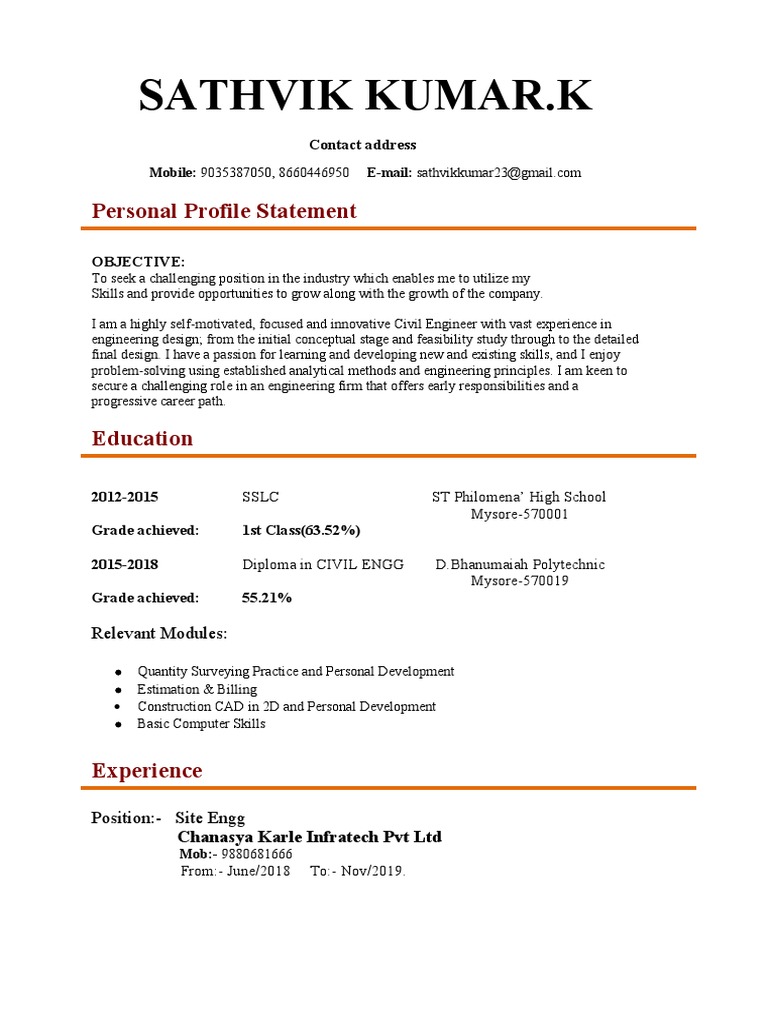 Sathvik Kumar.K: Personal Profile Statement | PDF | Engineering ...