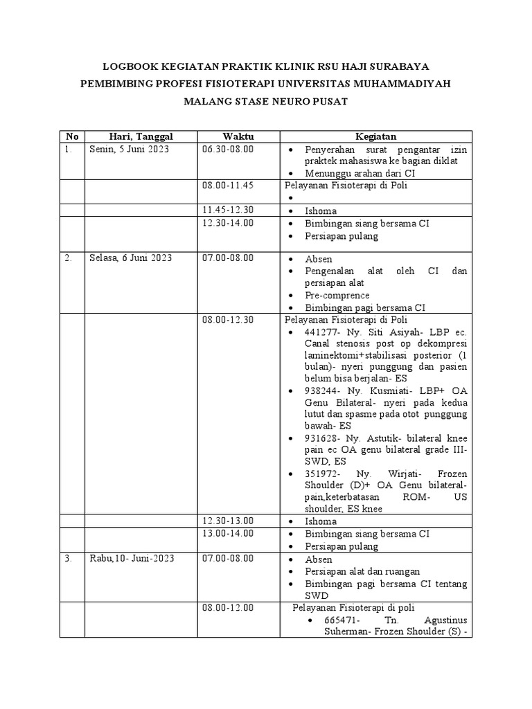 Logbook Praktik Klinik Fisioterapi RSU Haji | PDF