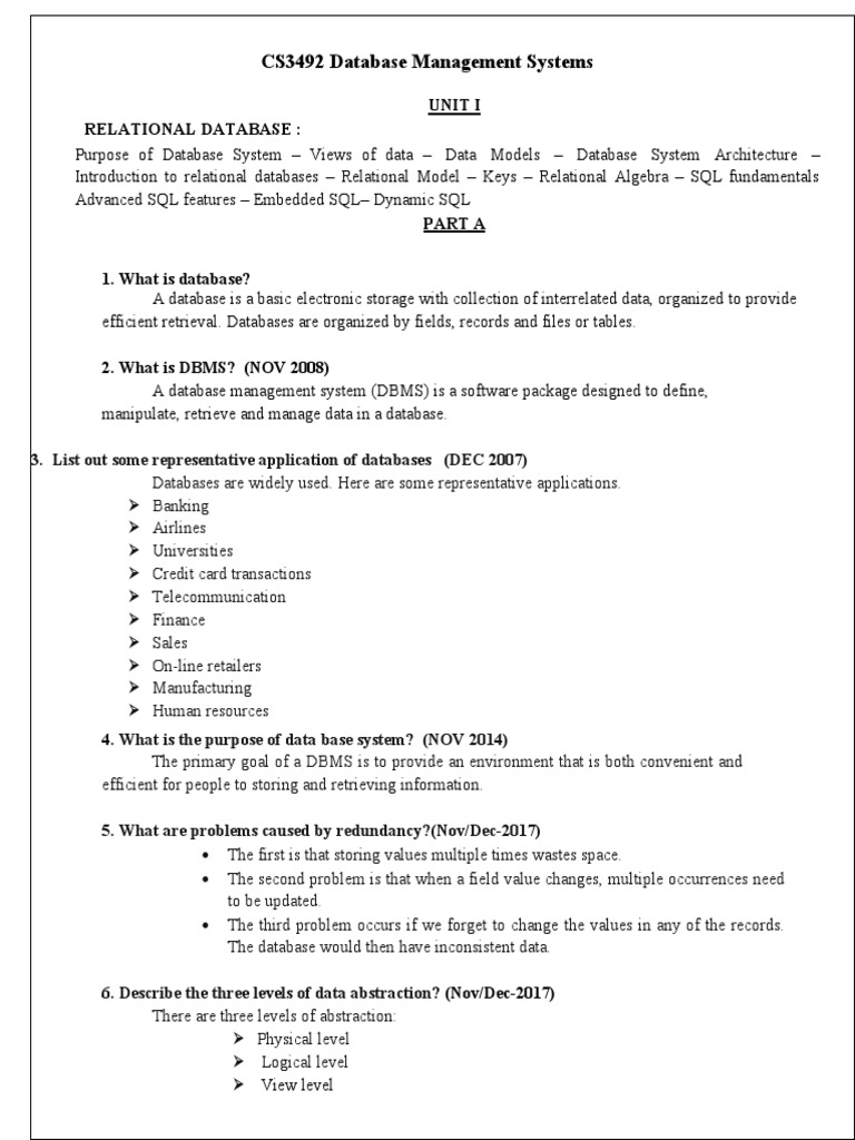 CS3492 Database Management Systems Two Mark Questions 1 | PDF | Database Index | Relational Database
