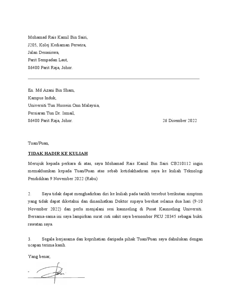 Surat Rasmi Ketidakhadiran | PDF