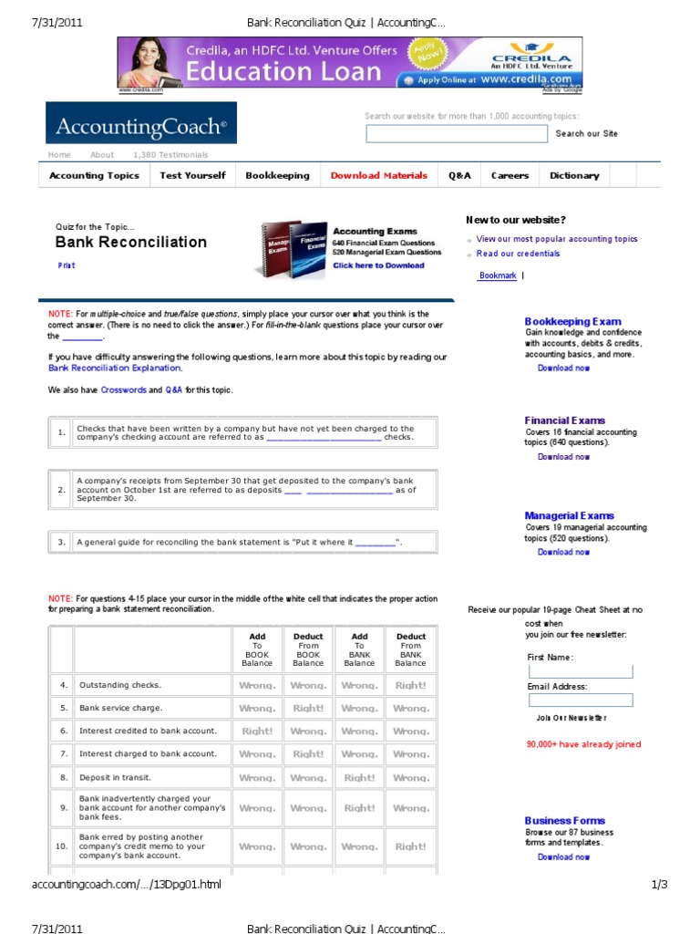 Bank Reconciliation Quiz - Accounting Coach | PDF | Deposit Account | Fee