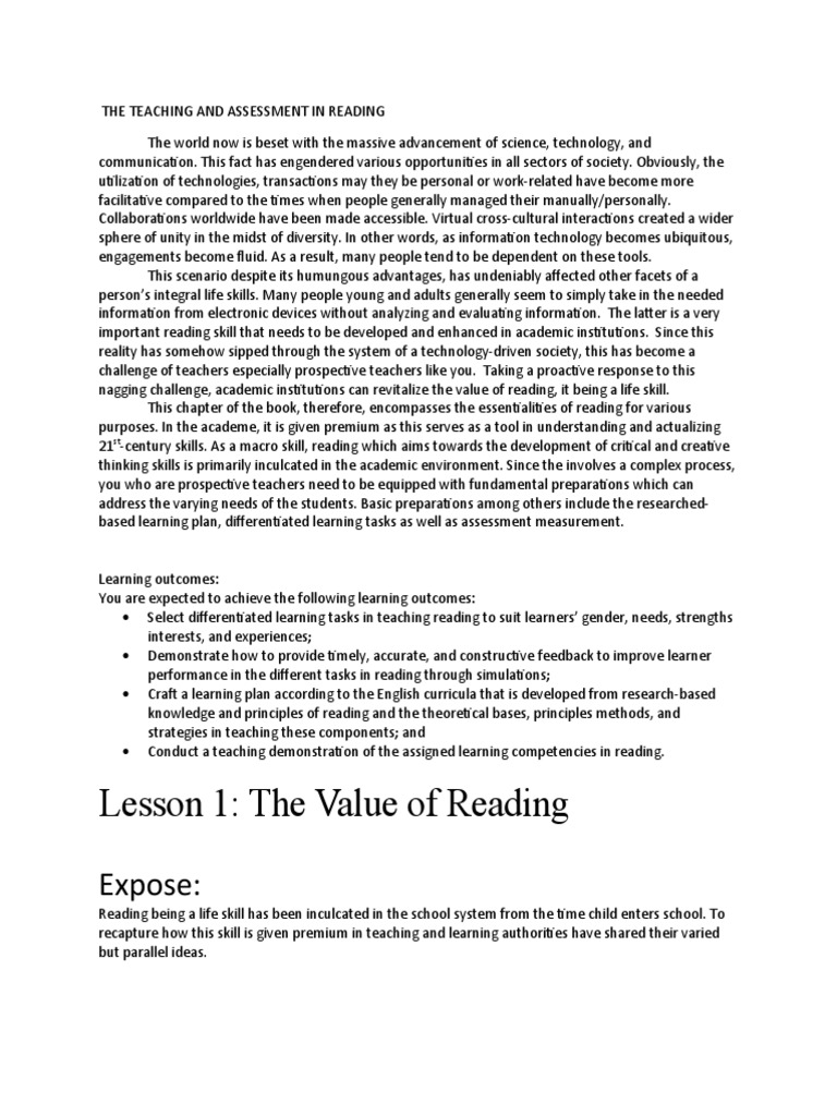 THE TEACHING AND ASSESSMENT IN READING--outline | PDF | Reading ...