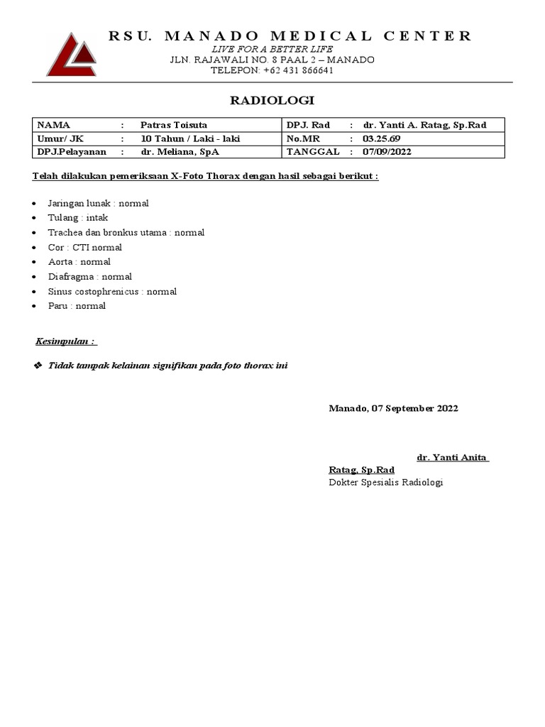 Hasil Rontgen Thorax Normal | PDF