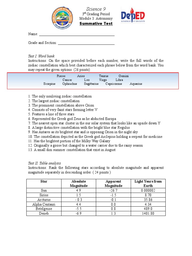 Summative Test Module 3 | PDF | Astronomical Objects | Constellation