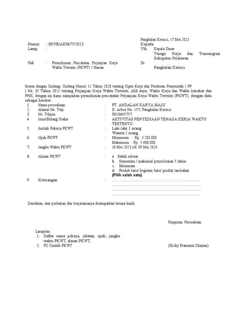 Formulir Permohonan Pencatatan PKWT Atau Harian | PDF | Pengelolaan ...
