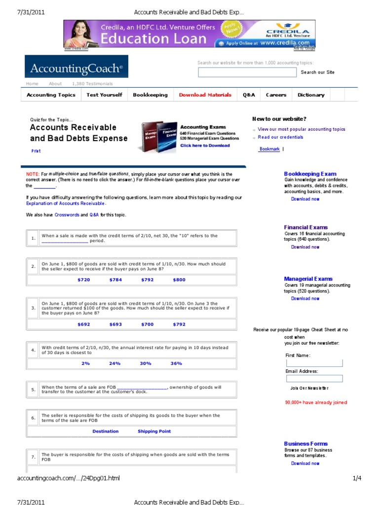 Accounts Receivable and Bad Debts Expense Quiz - Accounting Coach | PDF | Debits And Credits ...
