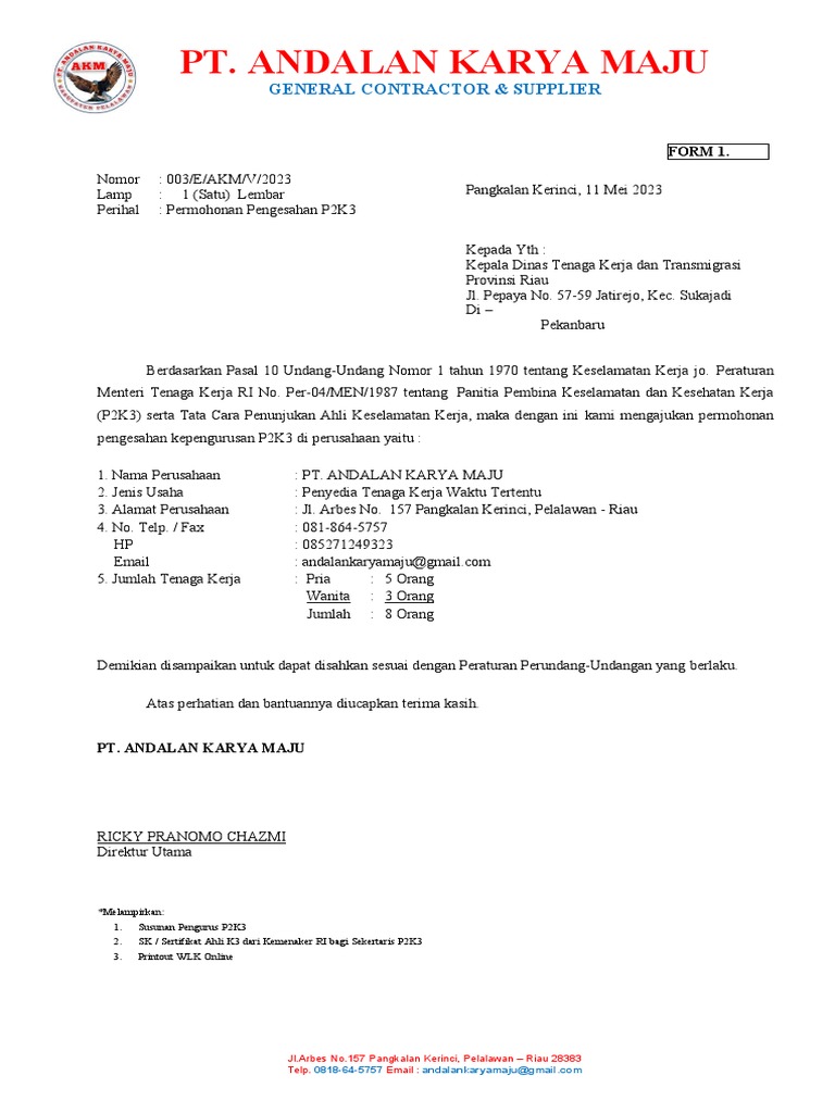 Contoh Surat - Permohonan - P2K3 | PDF