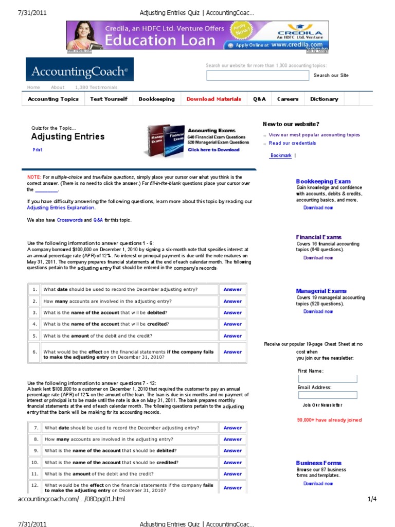 Adjusting Entries Quiz - Accounting Coach | PDF | Deferral | Debits And ...