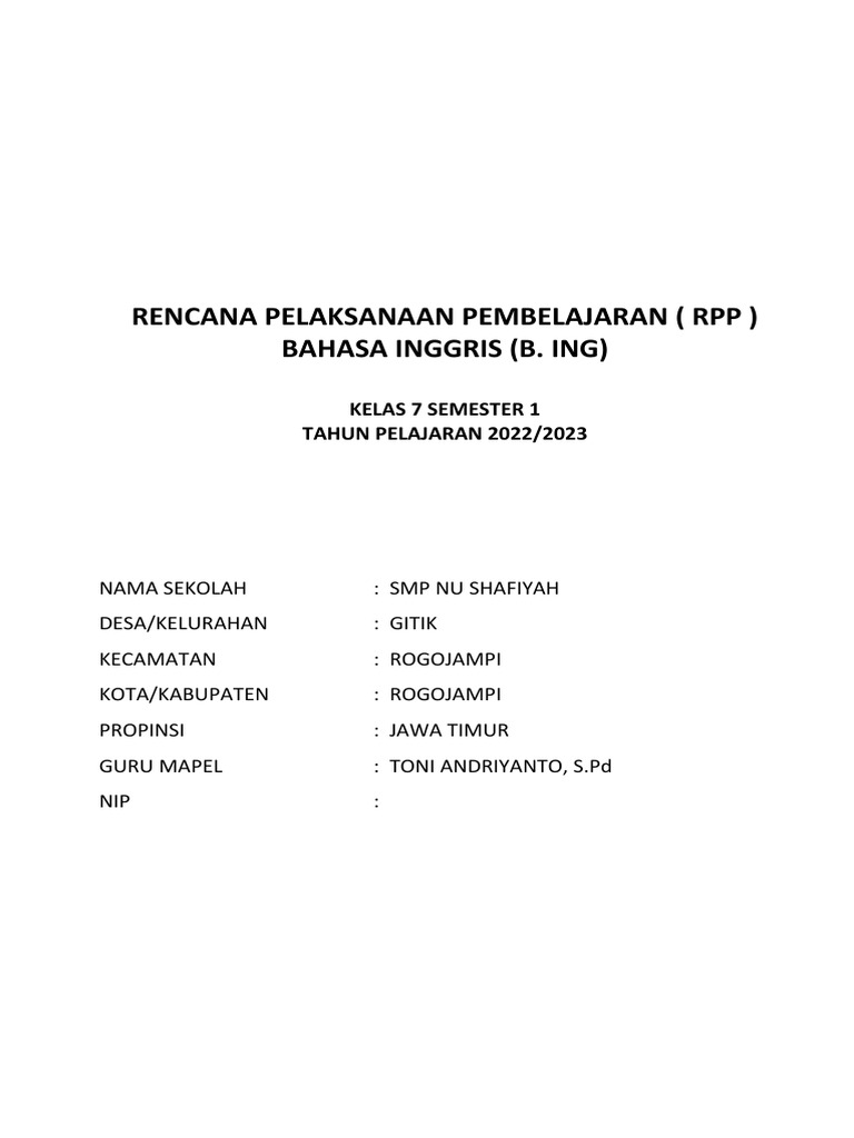 RPP 1 Lembar Bahasa Inggris Kelas 7 Semester 1 | PDF