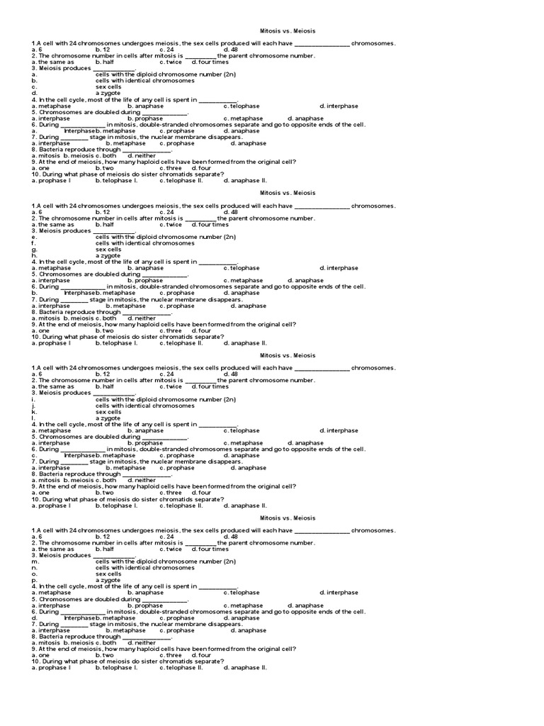 Mitosis Vs Meiosis Quiz - KEY | PDF | Meiosis | Mitosis