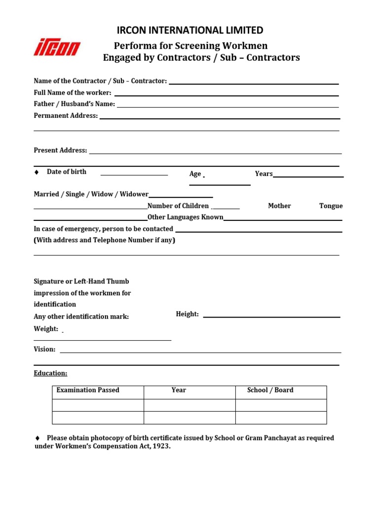 Proforma For Screening Workmen | PDF