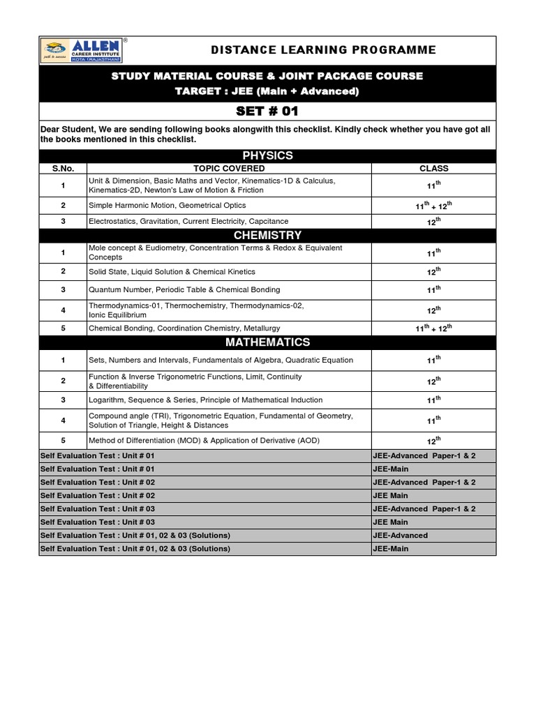 JEE Distance Learning Course Checklist | PDF | Chemistry | Mathematics