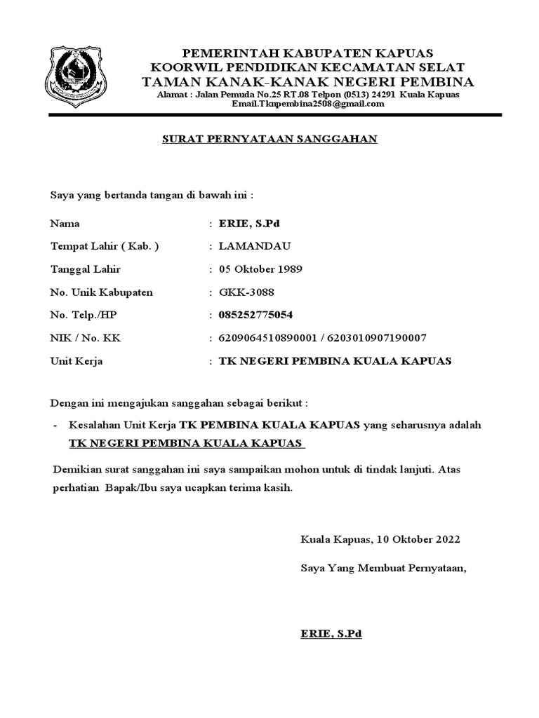 SURAT PERNYATAAN SANGGAHAN | PDF