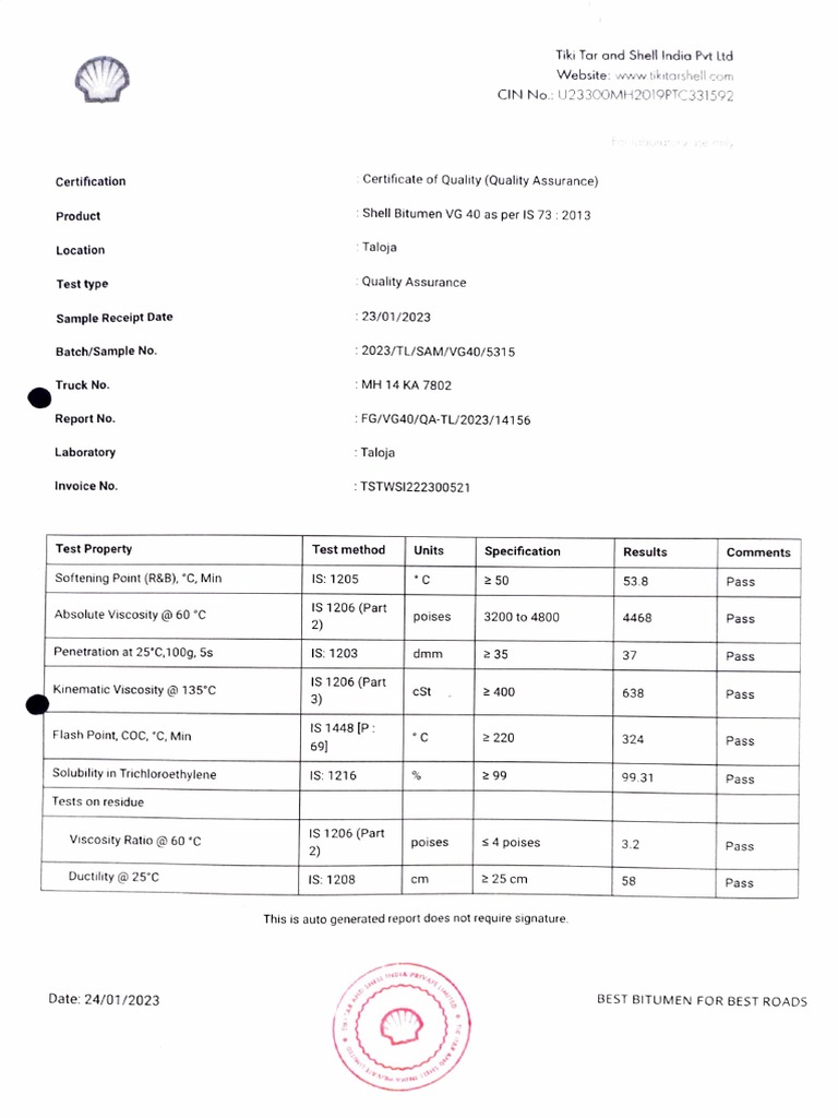 Shell Bitumen VG 40 Quality Report | PDF | Physical Sciences | Chemistry