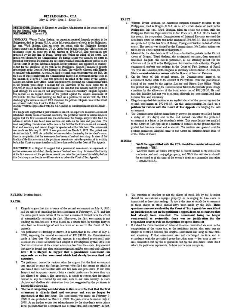 Elegado V CTA | PDF | Estate Tax In The United States | Taxation In The ...