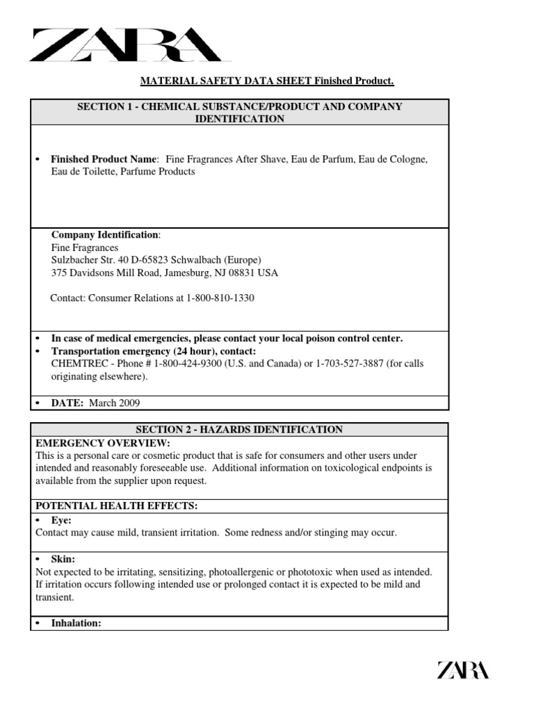 Msds Parfum Zara New | PDF | Firefighting | Perfume