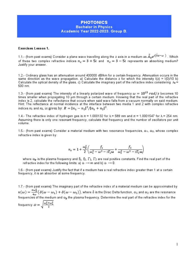 Exercises Lesson 1 | PDF | Refractive Index | Refraction