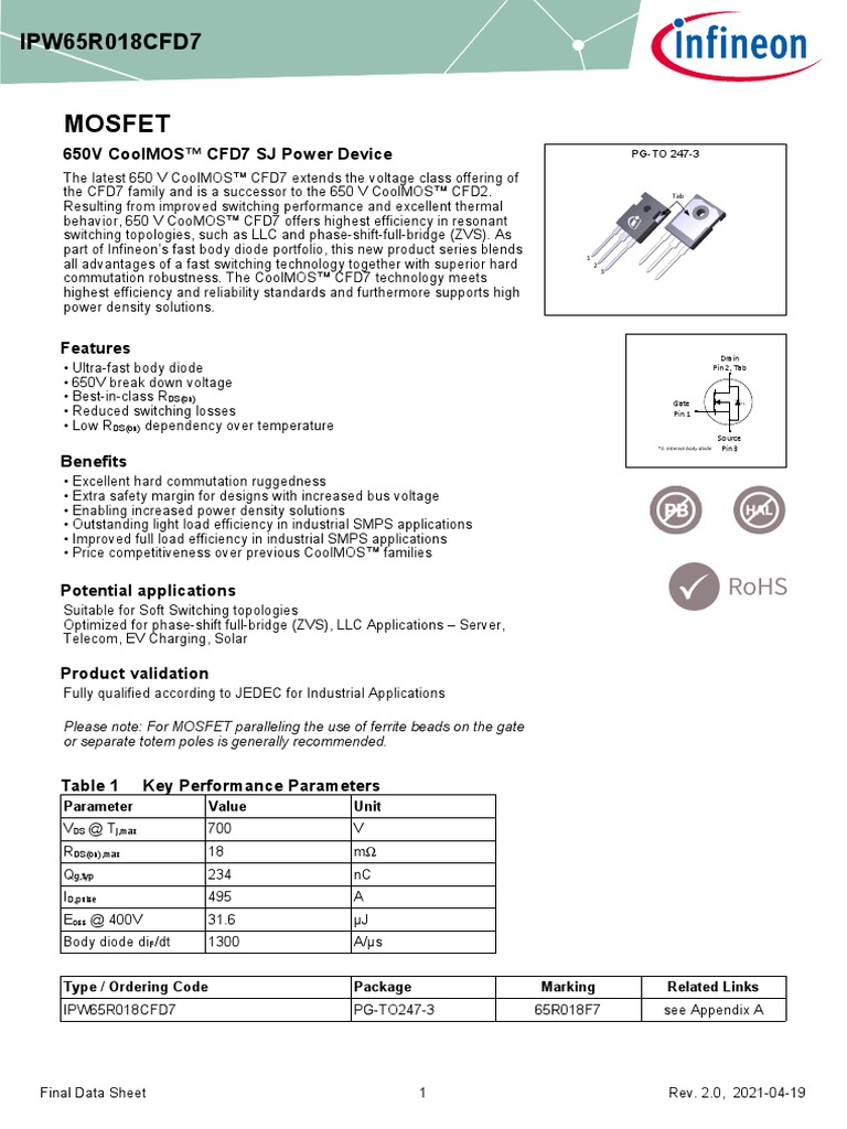 Infineon IPW65R018CFD7 DataSheet v02 00 EN-2498174 | PDF | Physical Quantities | Electricity