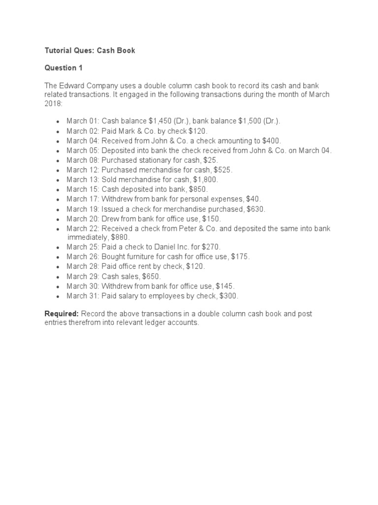 Tutorial Ques - Cash Book | PDF | Cheque | Banks