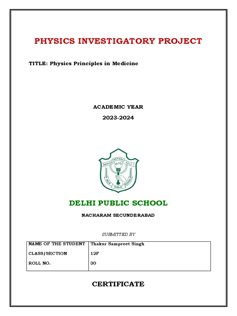 Physics in Medicine Project Cover Page | PDF | Science & Mathematics