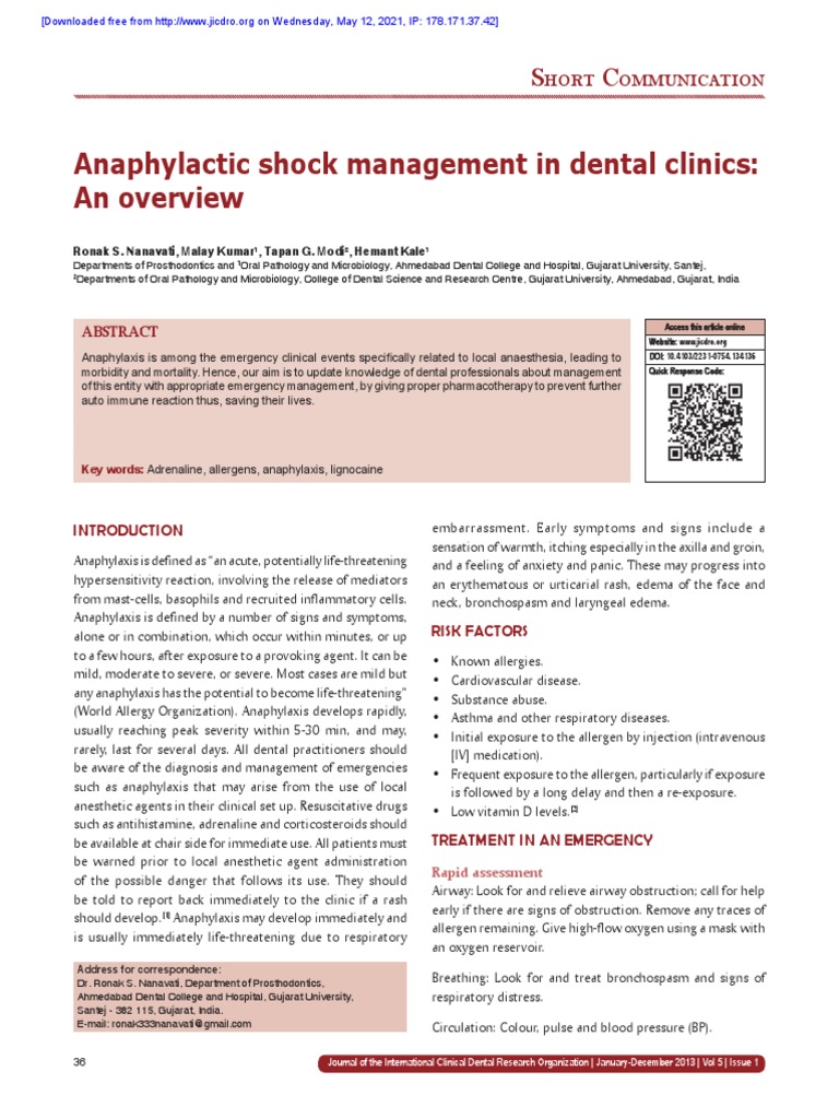 Anaphylactic Shock Management in Dental Clinics An | PDF | Allergy ...