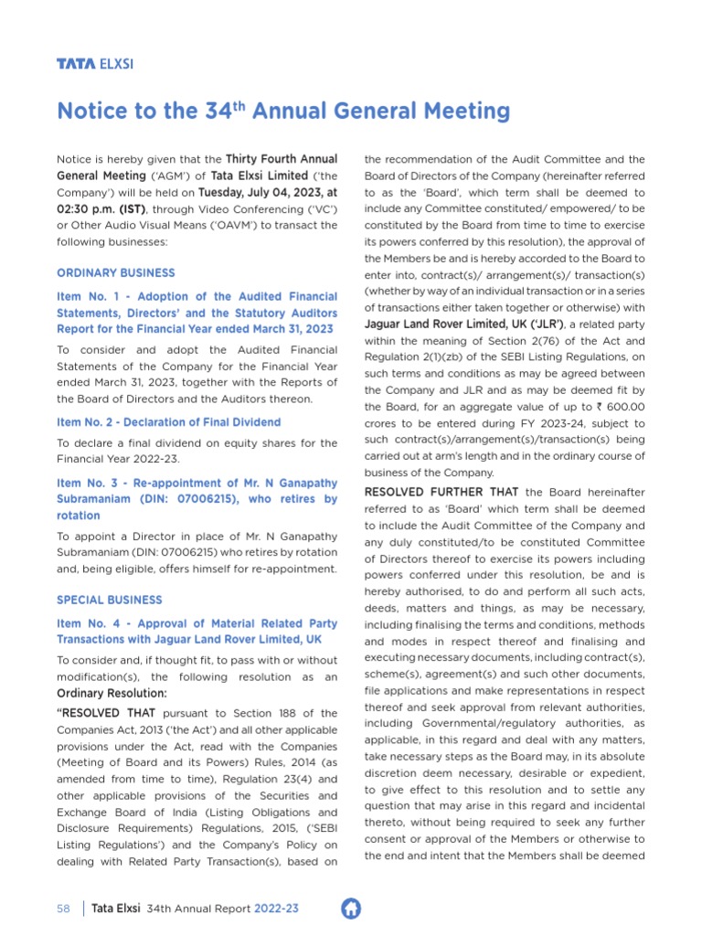 Notice Tata Elxsi 34th AGM | PDF | Login | Password