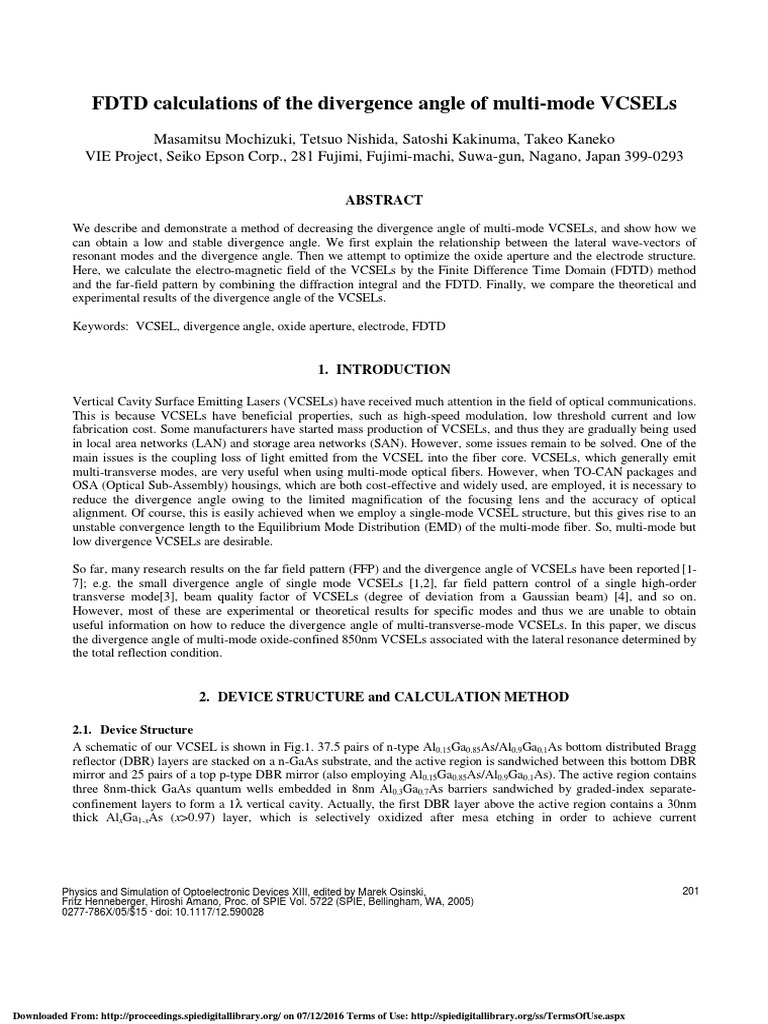 FDTD calculations of the divergence angle of multi-mode VCSELs | PDF | Optical Fiber ...