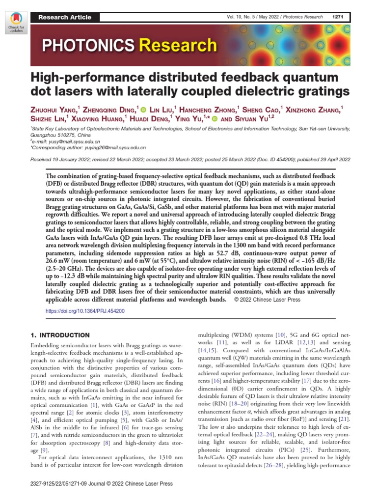 High-Performance Distributed Feedback Quantum Dot Lasers With Laterally ... High-Performance Distributed Feedback Quantum Dot Lasers With Laterally ...