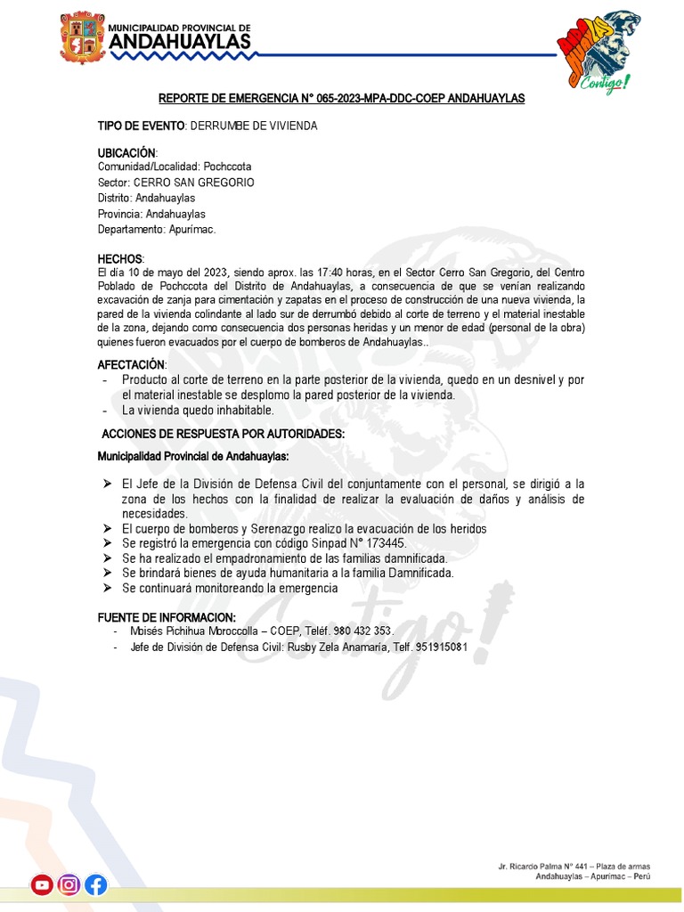 REPORTE EMERGENCIA-065-2023 - Cerro San Gregorio | PDF