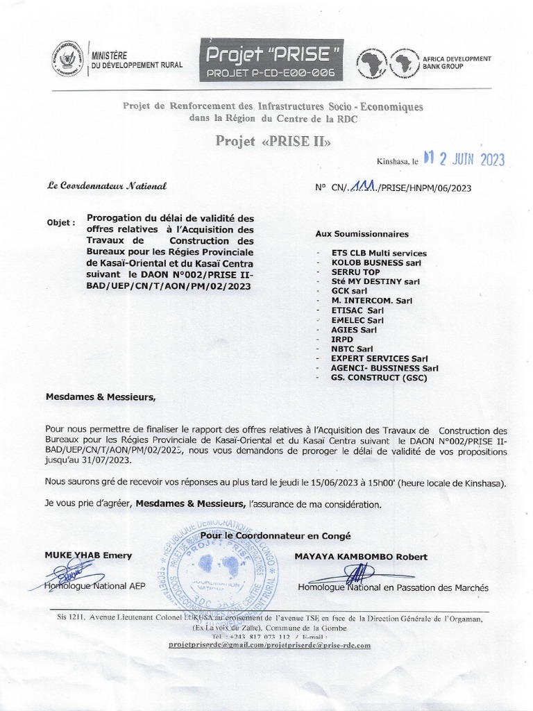 13-06-2023 Prorogation Du Délai de Validité Des Offres Du DAON 002 | PDF