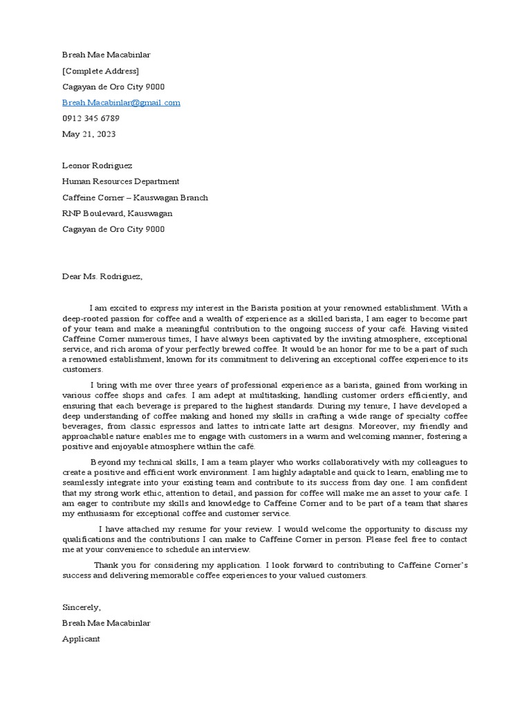 Caffeine Corner - Application Letter | PDF | Coffee