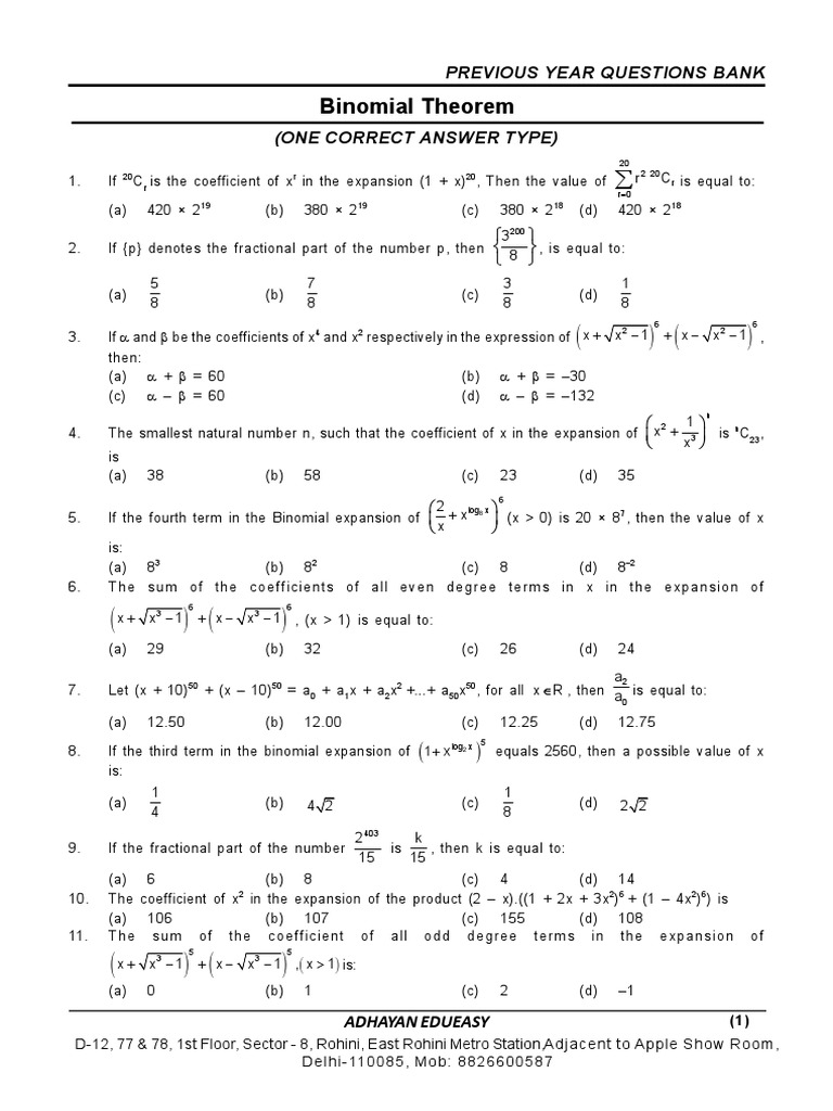 Binomial Theorem - Previous Year Questions Bank - Final | PDF | Complex Analysis | Numerical ...