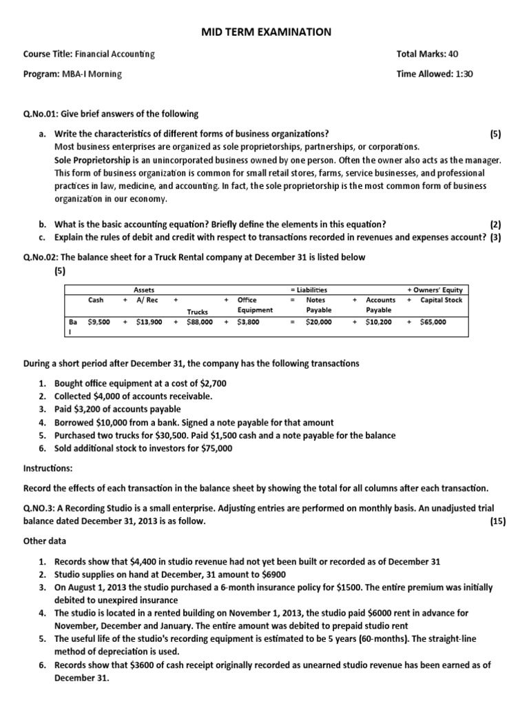 Financial Accounting Midterm Exam Guide | PDF | Debits And Credits ...