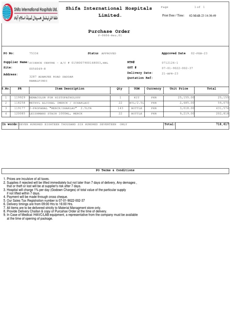Shifa International Hospitals Limited.: Status Approved Date: PO No ...