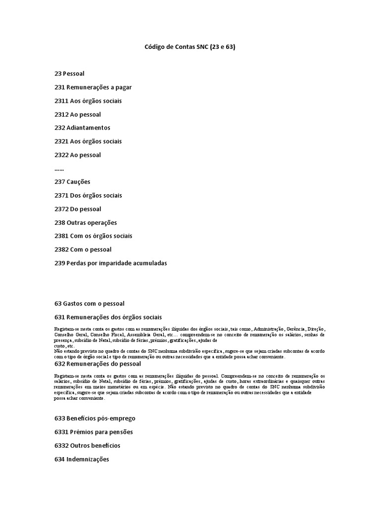 Código de Contas SNC: Pessoal e Gastos | PDF